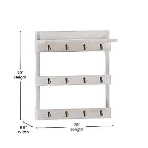 Merrick Lane Steeley Wooden Wall Mount 12 Cup Mug Rack Organizer with Upper Storage Shelf and Metal Hanging Hooks with No Assembly Required, Whitewashed