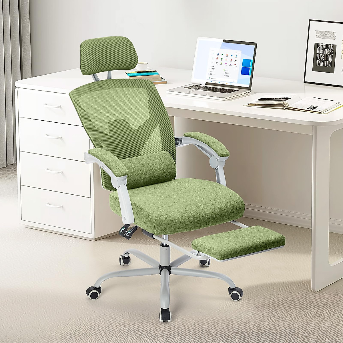 Sweetcrispy Office Computer Desk Chair, Ergonomic High-Back Mesh Rolling Work Swivel Chairs with Wheels, Comfortable Lumbar Support, Comfy Arms for Home, Bedroom, Study, Student, Green