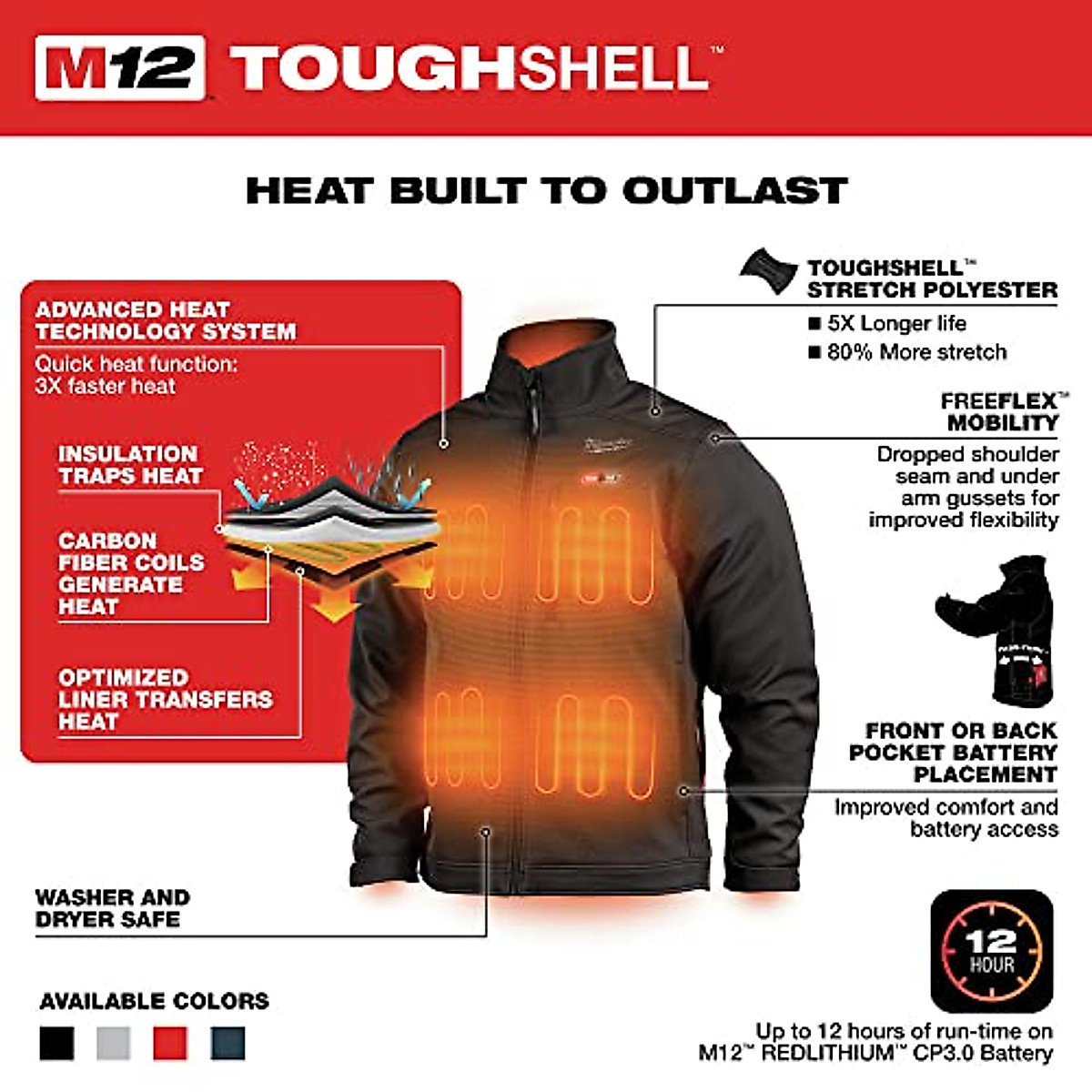 Milwaukee 204B-21L M12 TOUGHSHELL Lithium-Ion Cordless Heated Jacket (3 Ah) - Large, Black