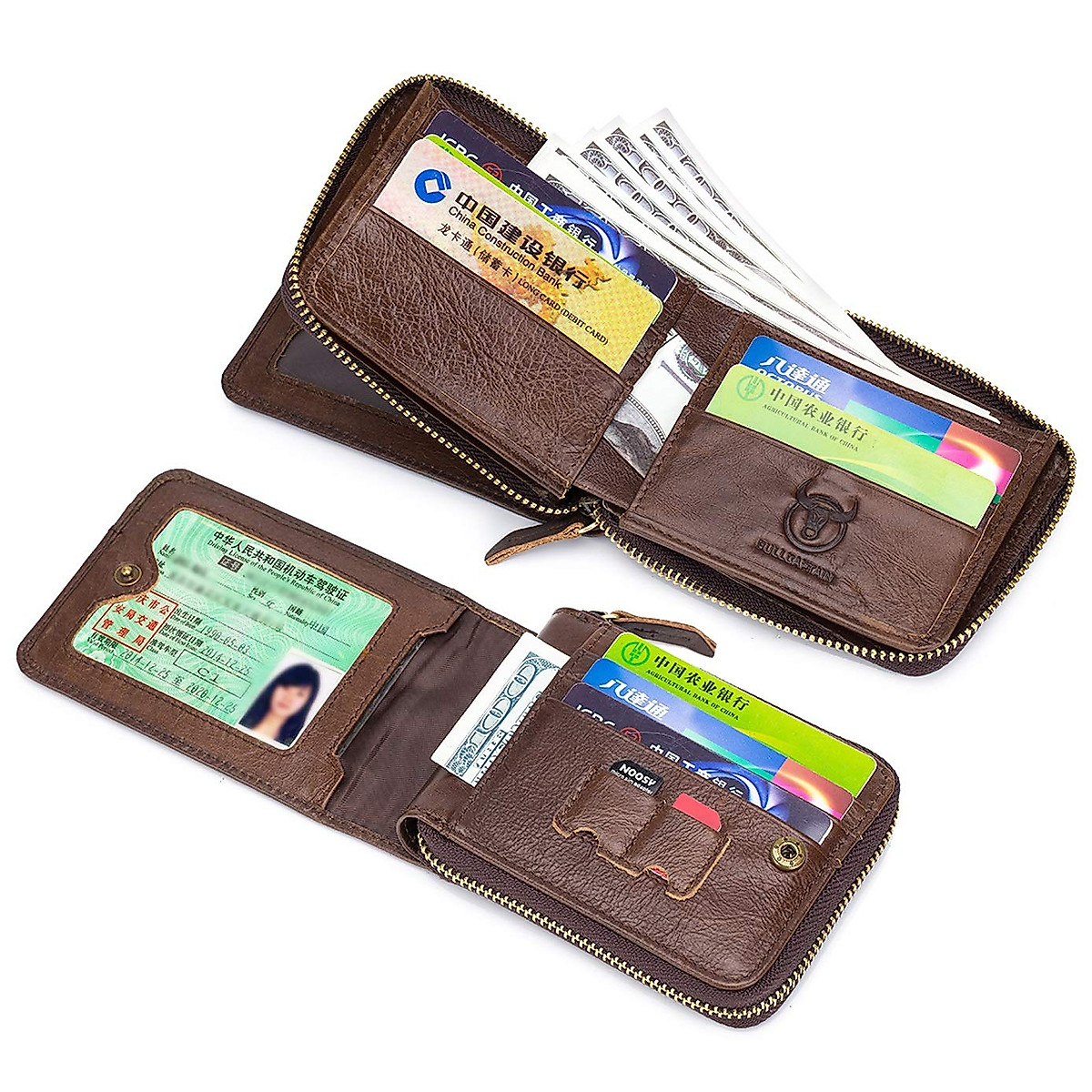 BULLCAPTAIN Mens Leather Zipper Wallet RFID Blocking Bifold Secure Vintage Zip Around Multi Credit Card Holders