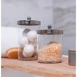 Huang Acrylic Chrome Lid Clear Cosmetic Container | Store Q-Tips, Cottonballs, Cotton Rounds | Perfect Counter Top or Shelf Storage | Large