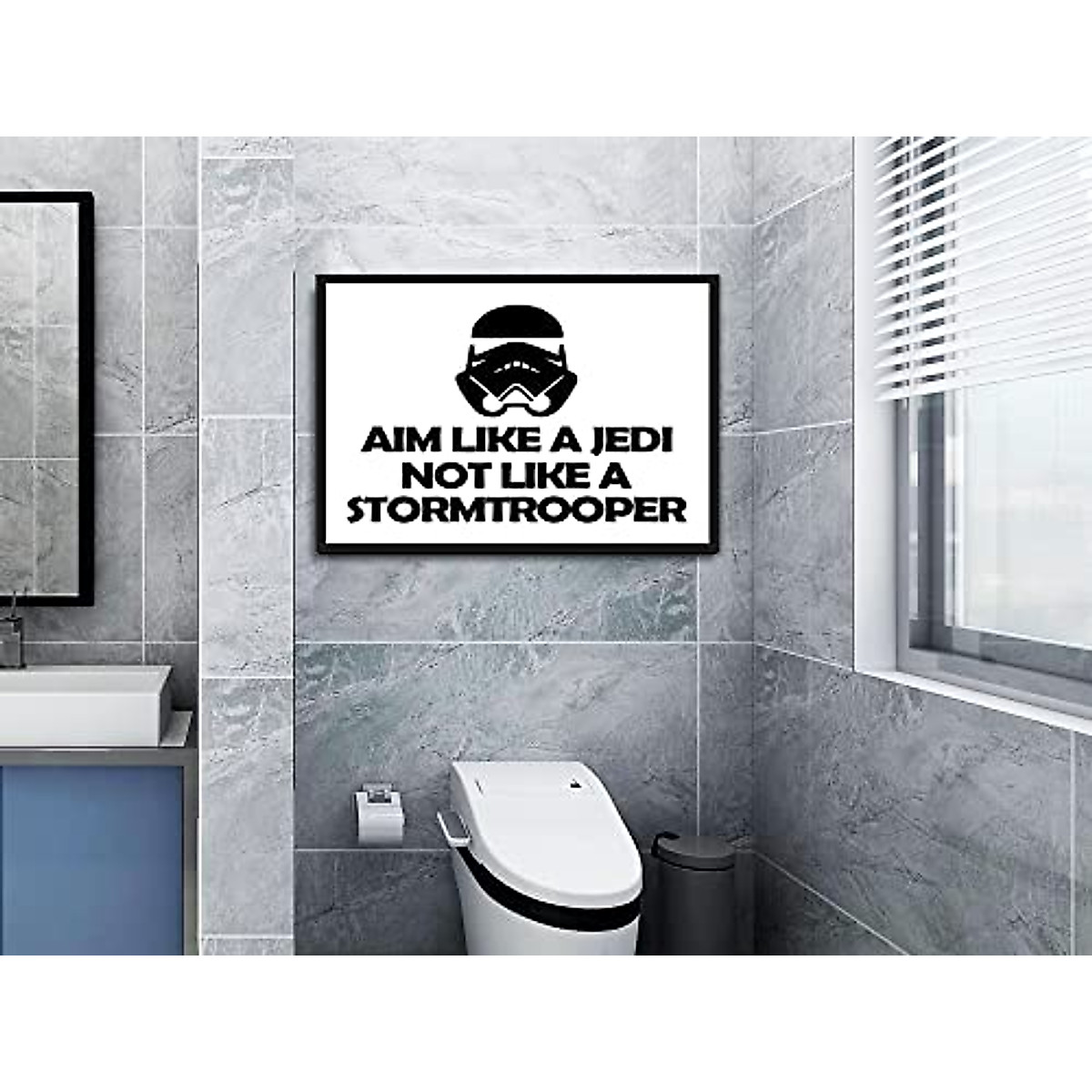 Aim Like A Jedi Not Like A Stormtrooper Bathroom Sign Decor - FRAMED - Home Decor Wall Art, Gallery Wrap Inner Frame, White, 7x9