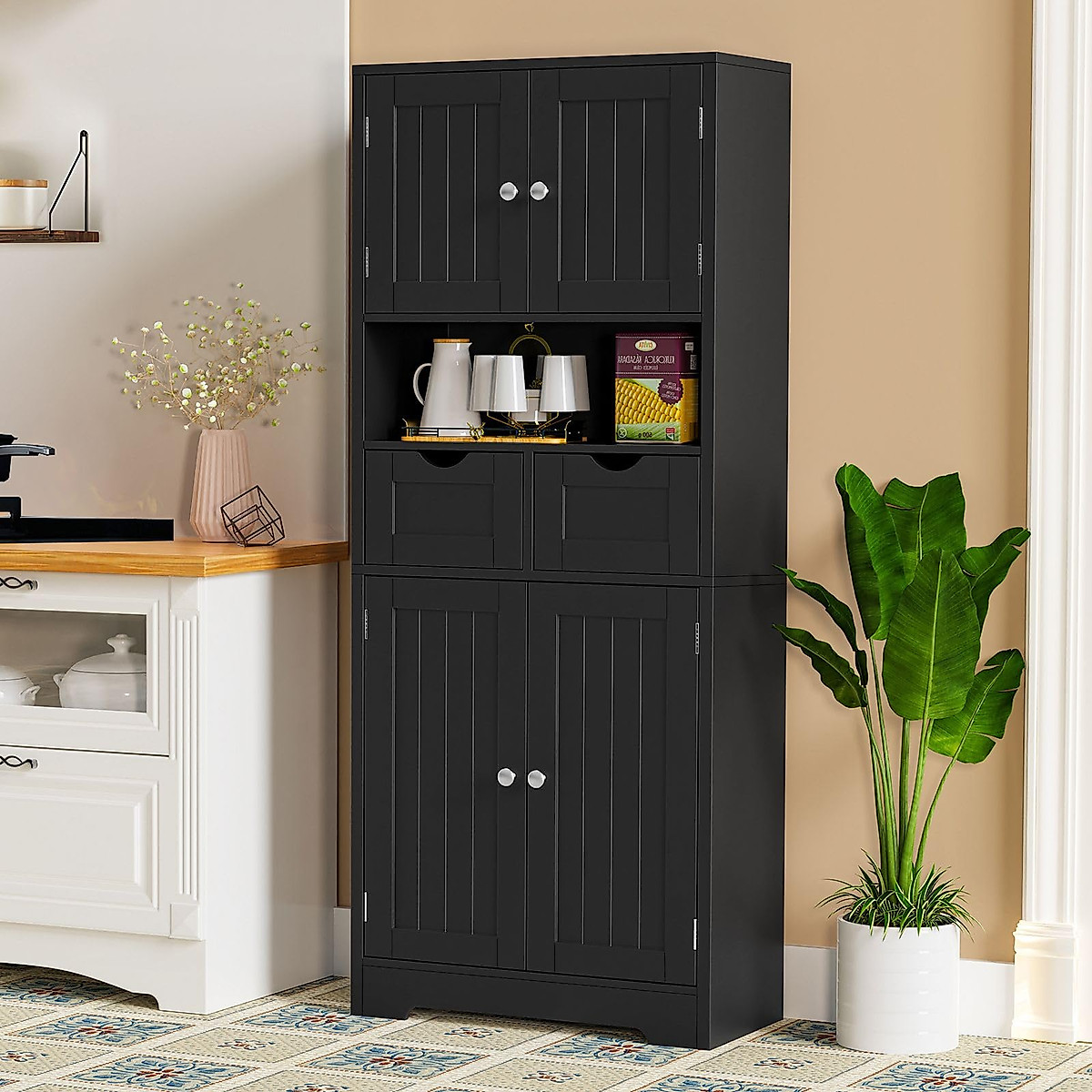 Quimoo Tall Storage Cabinet, Bathroom Cabinet with Drawers & Adjustable Shelves, Bathroom Storage Cabinet for Living Room, Kitchen, Black
