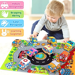 SYNARRY Soft Car Toys for 1 Year Old Boy, Baby Boy Toys 6 to 12 Months 12-18 Months, Kid Toy Cars for 1 Year Old Boys Infant with 1 Mat/Storage Bag, 1st Birthday Gifts for Toddler Toys Age 1(9 Sets)