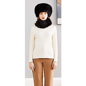 Lovful Faux Fur Women Russian Cossak Hat,Scarf Set for Ladies Winter,Black