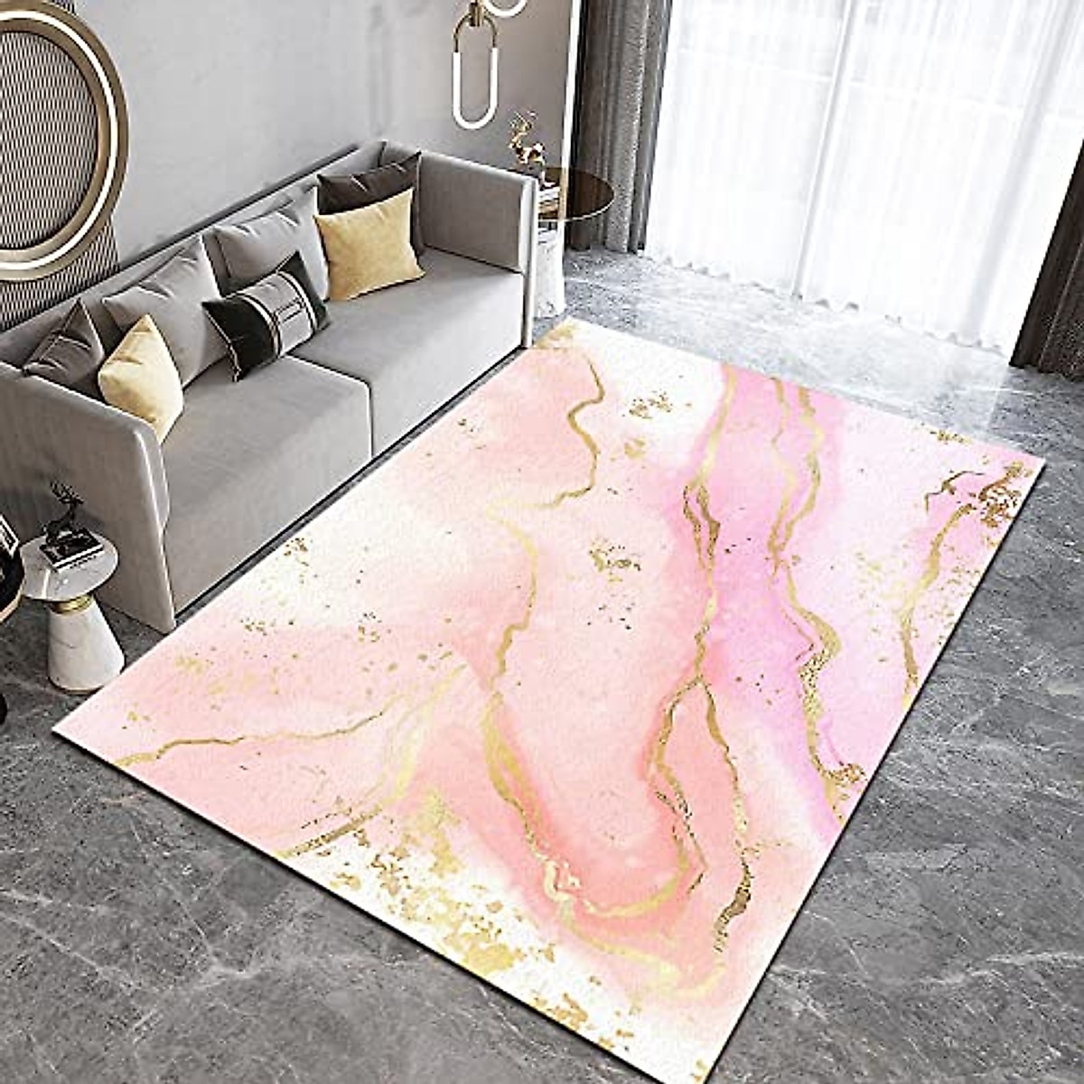 Fashionable Pink Marble Area Rug, Ladies Luxury Phnom Penh White Gold Powder Indoor Rugs, Easy-Cleaning Anti Slip Backing Carpet for Living Room Bedroom Apartment Home Decor - 2 ft x 6 ft