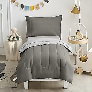 UOZZI BEDDING 4 Pieces Toddler Bedding Set Ultra Soft and Breathable Toddler Sheet Set - Includes Comforter, Flat Sheet, Fitted Sheet and Pillowcase - Dark Gray & Gray