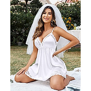 Avidlove Women Satin Lingerie Nightgown Sexy Silk Nighty Lace Babydoll Chemise White M