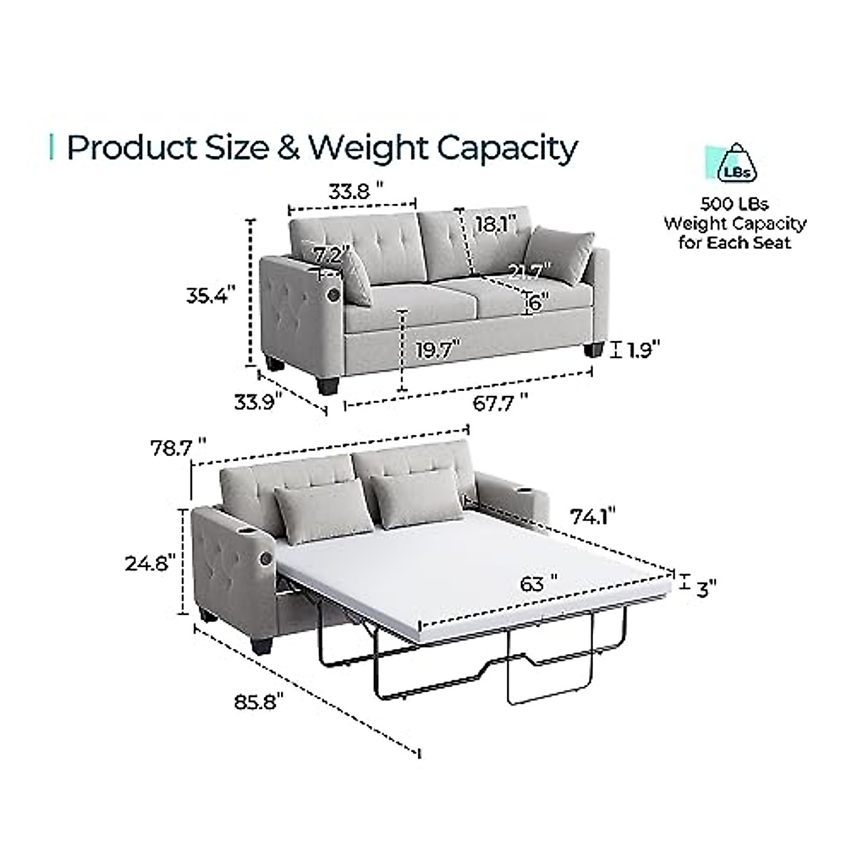 LINSY HOME Pull Out Sofa Bed, Queen Sleeper Sofa Couch with Memory Foam Mattress, Large Sofa Sleeper Pullout Couch Bed for Living Room Office, Grey, Queen Size