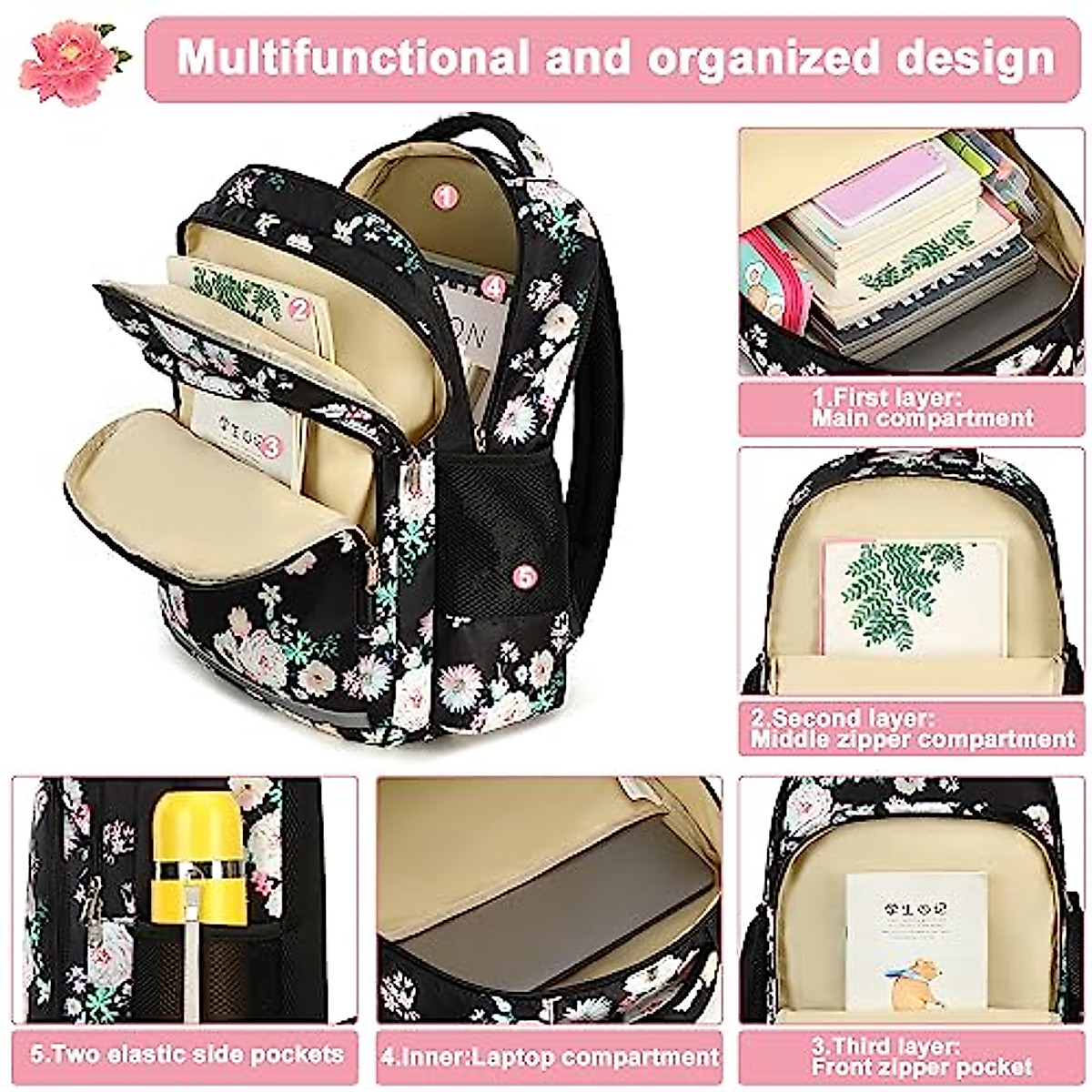 School Backpack Girls Floral Bookbag Teens Water-resistant Schoolbag Kids Insulation Lunch Bag and Pencil Case