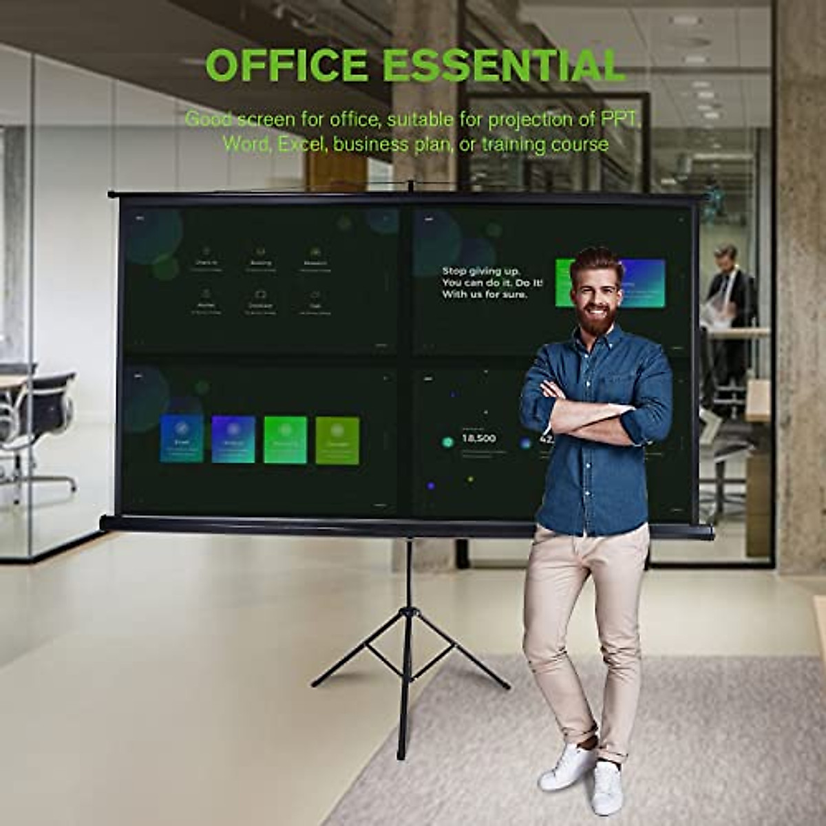 100 Inch Projector Screen Indoor with Stand for Movie Projection, Large 16:9 White Movie Screen, Portable Video Projection Screen for Home Theater, Office Meeting, Outdoor Advertising Camping and etc