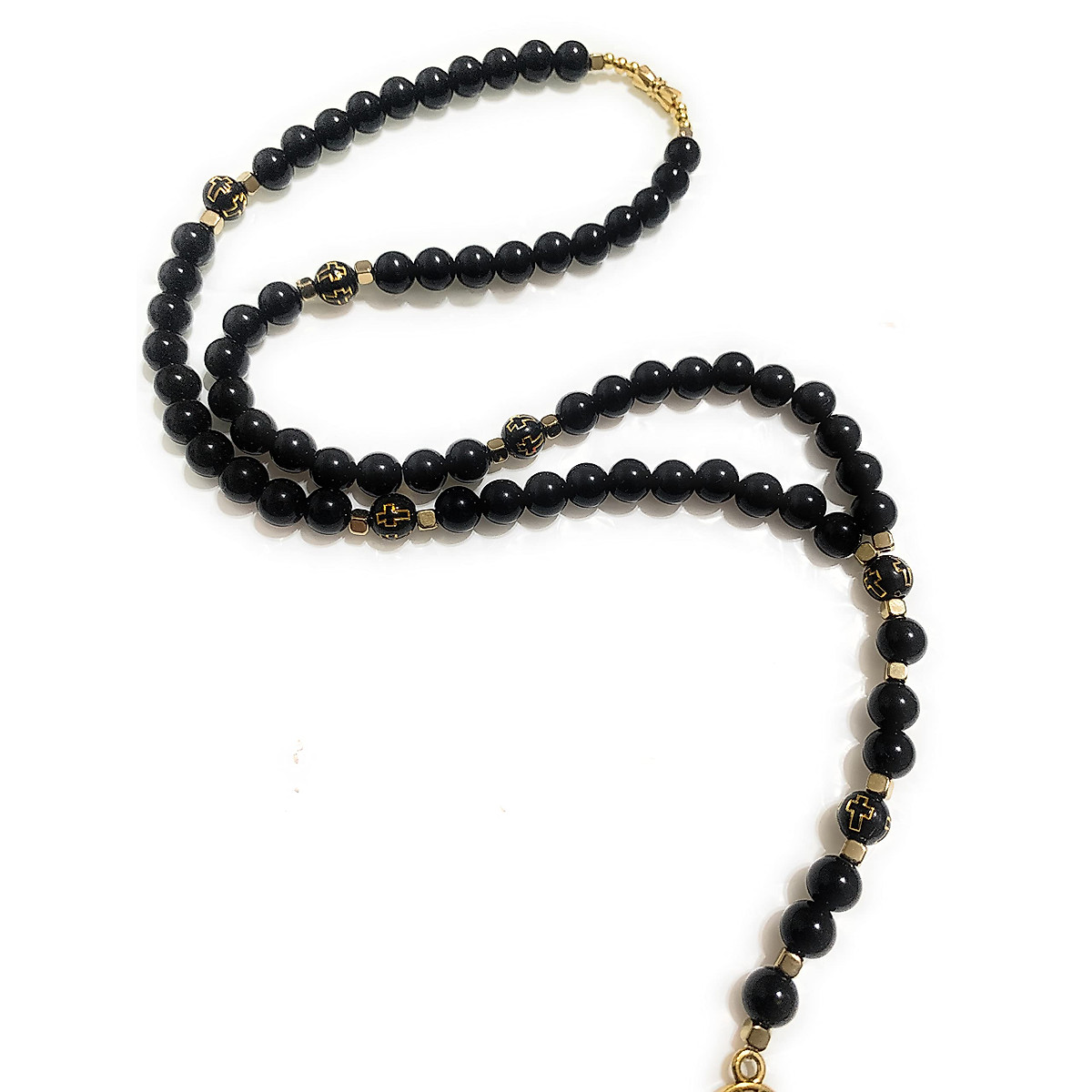 Acrylic Holy death's necklace, rosary style. Collar de la Santa Muerte de acrilico estilo rosario. Grim reaper Y style necklace.