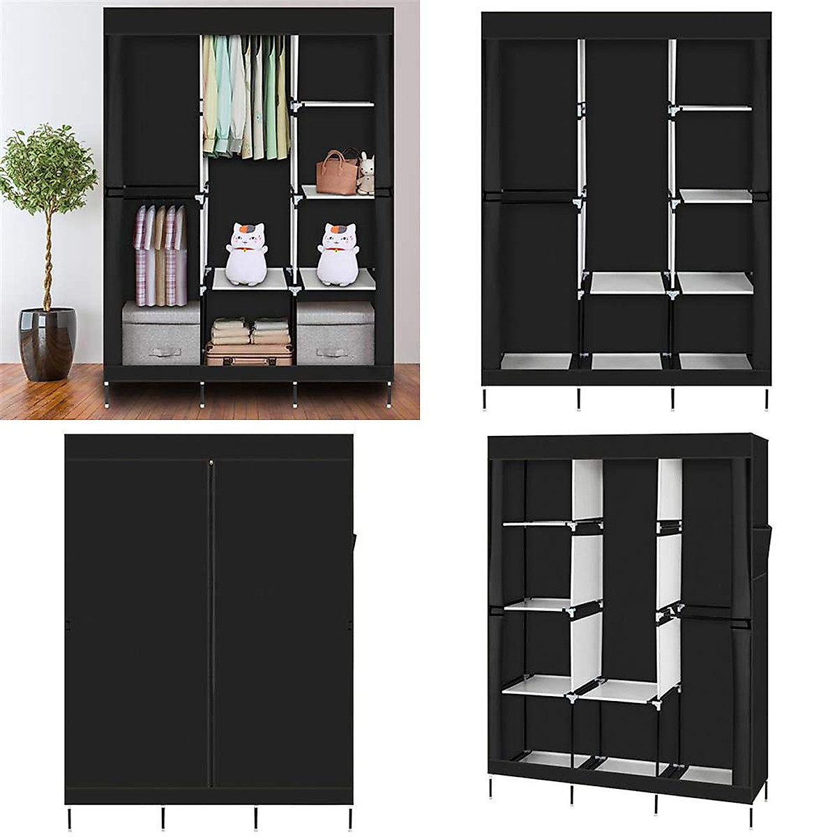 yimingli Portable Clothes Wardrobe Closet Storage Organizer Shelf with Non-Woven Fabric and Hanging Rod(71 inch Black)