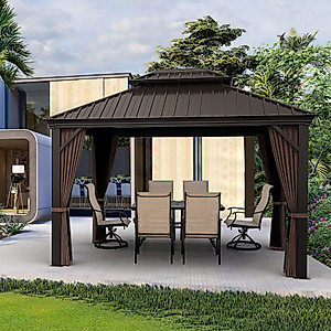 BACKYADOOR 10x12 Gazebo, Outdoor Hardtop Gazebo with Mosquito Netting and Curtains, Hard Top Metal Gazebo for Backyard, Deck, Poolside （Brown）
