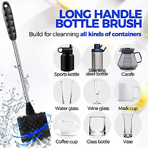 Holikme 6 Pack Bottle Brush Set, 14" Long Handle Stainless Steel Bottle Cleaner Brush, 3 Straw Brushes, 3-in-1 Bottle Cleaning Brush for Water Bottle, Baby Bottle, Straws Black