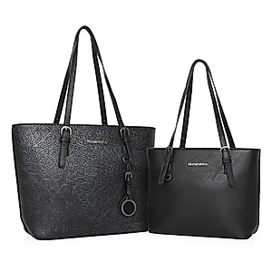 Montana West Tote Bag for Women Vegan Leather Purse and Handbags Set Embossed Collection Purse 2Pcs Set Black MWC2-G052BK