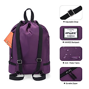 HAWEE Dry Wet Drawstring Backpack with Shoe Compartment for Women and Men Waterproof Yoga String Bag Outdoor Sports Rucksack for Gym/Beach/Swim Pool, Purple