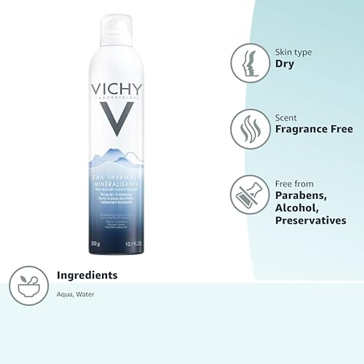 Vichy Laboratories Mineralizing Thermal Water, Hydrating Mineral Rich Facial Spray with Antioxidants to Soothe and Protect Skin, 10.1 Fl Oz (Pack of 1)