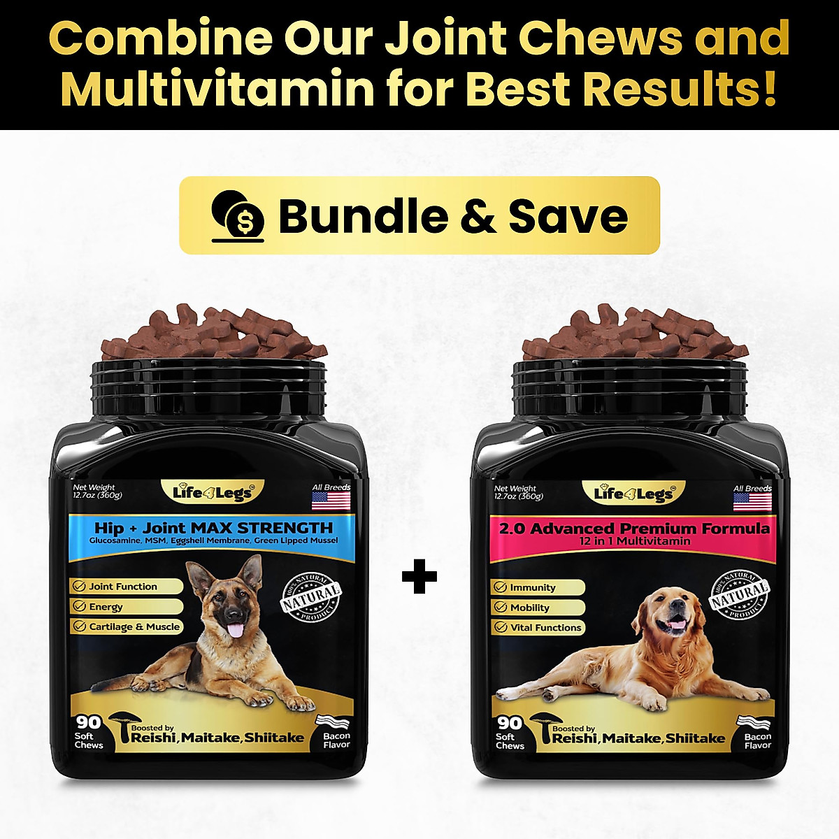 Life4Legs Hip and Joint Supplement and 23-in-1 Multivitamin Chews Bundle for Small, Medium and Large Dogs - 180 Count