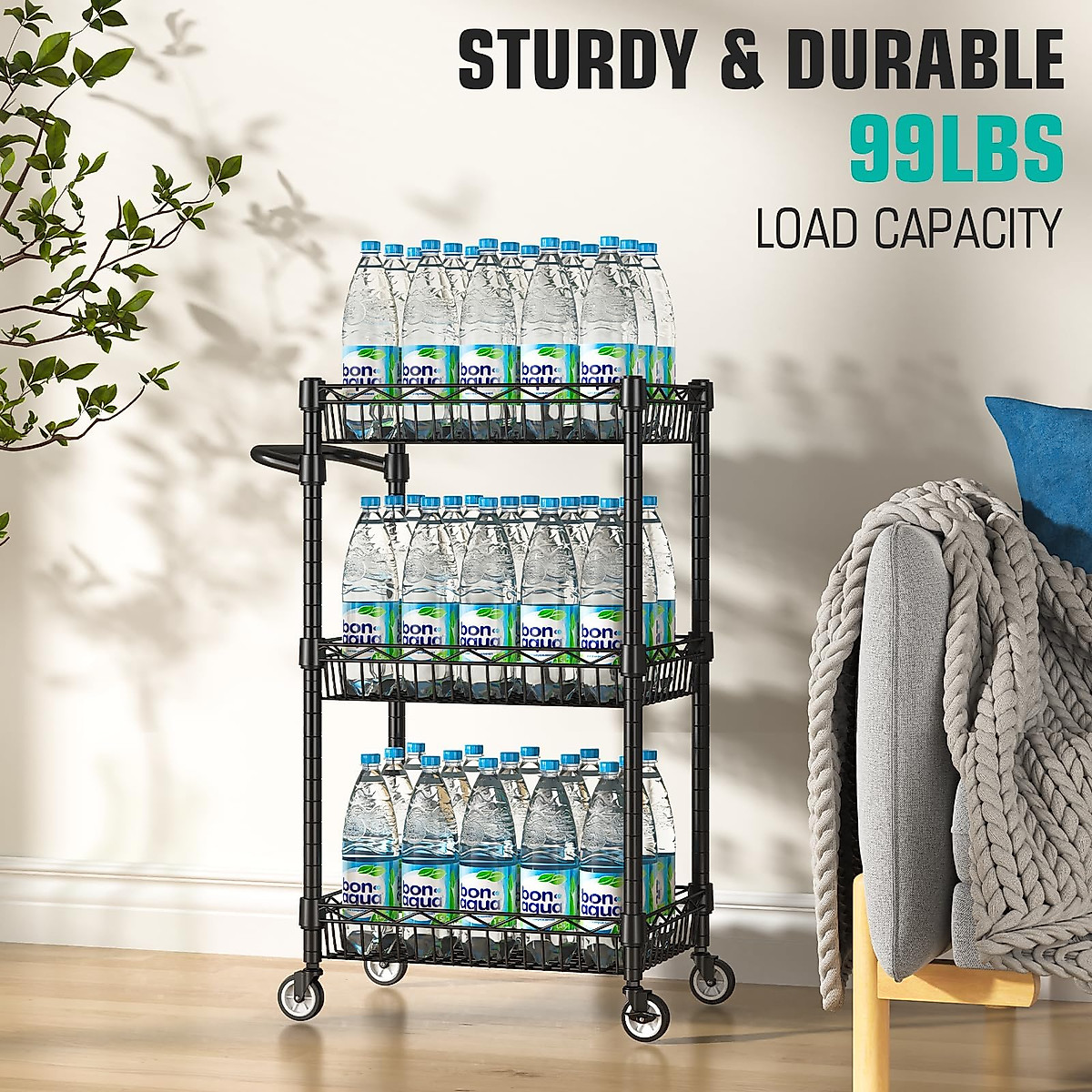 YASONIC 3 Tier Metal Rolling Cart, Kitchen Cart with Adjustable Shelves, Heavy Duty Utility Cart with Lockable Wheels, Multifunctional Rustproof Storage Cart, Bathroom Organizer Cart, Black