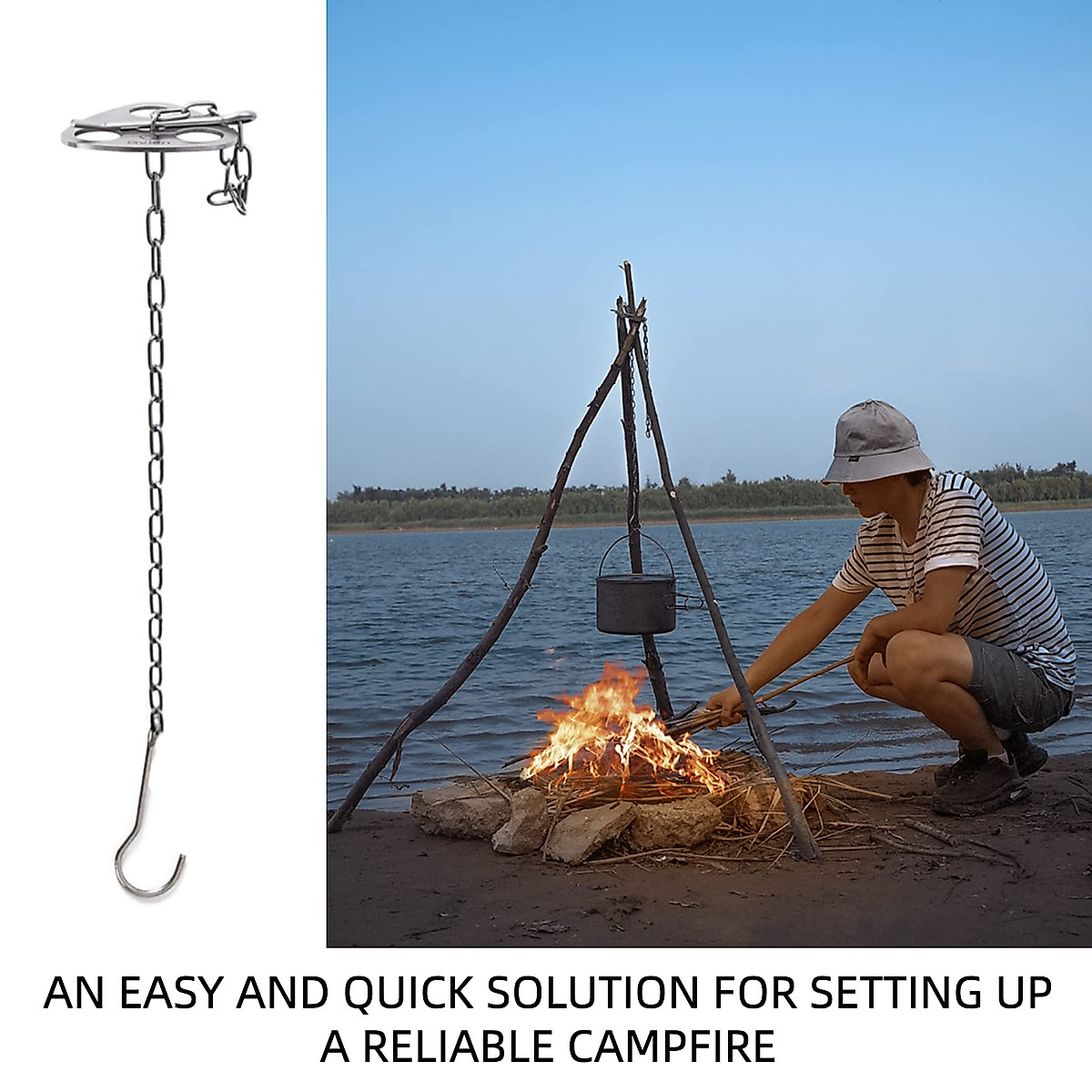 Camping Tripod - Premium Tripod Cooking Grill for Camping - Stainless Steel Camping Cooking Equipment with Chain, Hook & Plate - Adjustable Campfire Tripod with PU Storage Bag, Super Lightweight