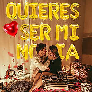 QUIERES SER MI NOVIA - 16'' Will You Be My Girlfriend Balloons Spanish with 200pcs Artificial Rose Petals for Valentines Day Decorations (Quieres Ser Mi Novia Balloons Gold)