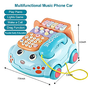 Chirldren Telephone Toy Cartoon Simulated Landline Smartphone Drag Function Call Play Piano Early Education Music Learn Hit Hamster Children Enlightenment Brain Toys Creative Gift for Kids Blue
