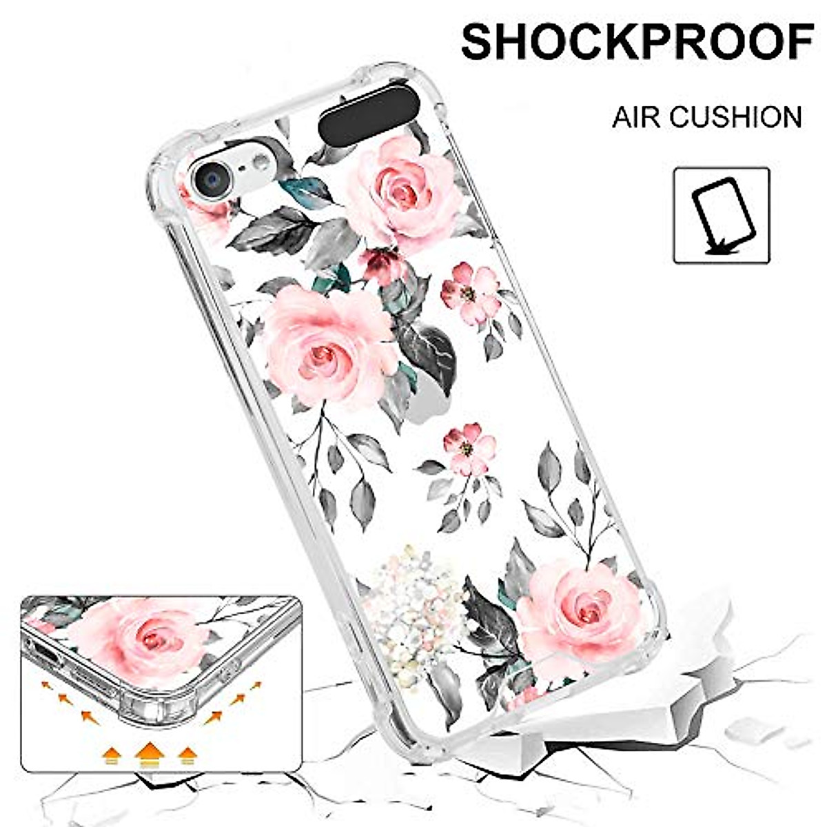 OOK Designed for iPod Touch 5 6 7 Case Rose Floral Design with Neck Strap Lanyard for Women Girls Protective Clear Transparent Bumper Case Cute Grey Pink Flower for iPod Touch 7th/ 6th/ 5th Gen