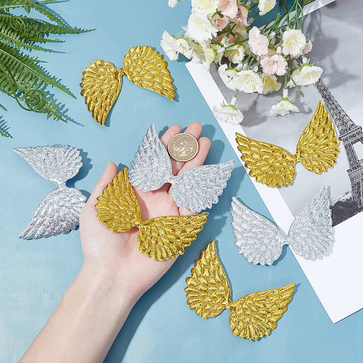 arricraft 40 Pcs Glitter Craft Angel Wings, 2 Colors Fabric Wing Patches Embossed Wing Patches for DIY Craft Clothing Ornament Supplies Shirts Jeans Craft Sewing (Gold & Silver)