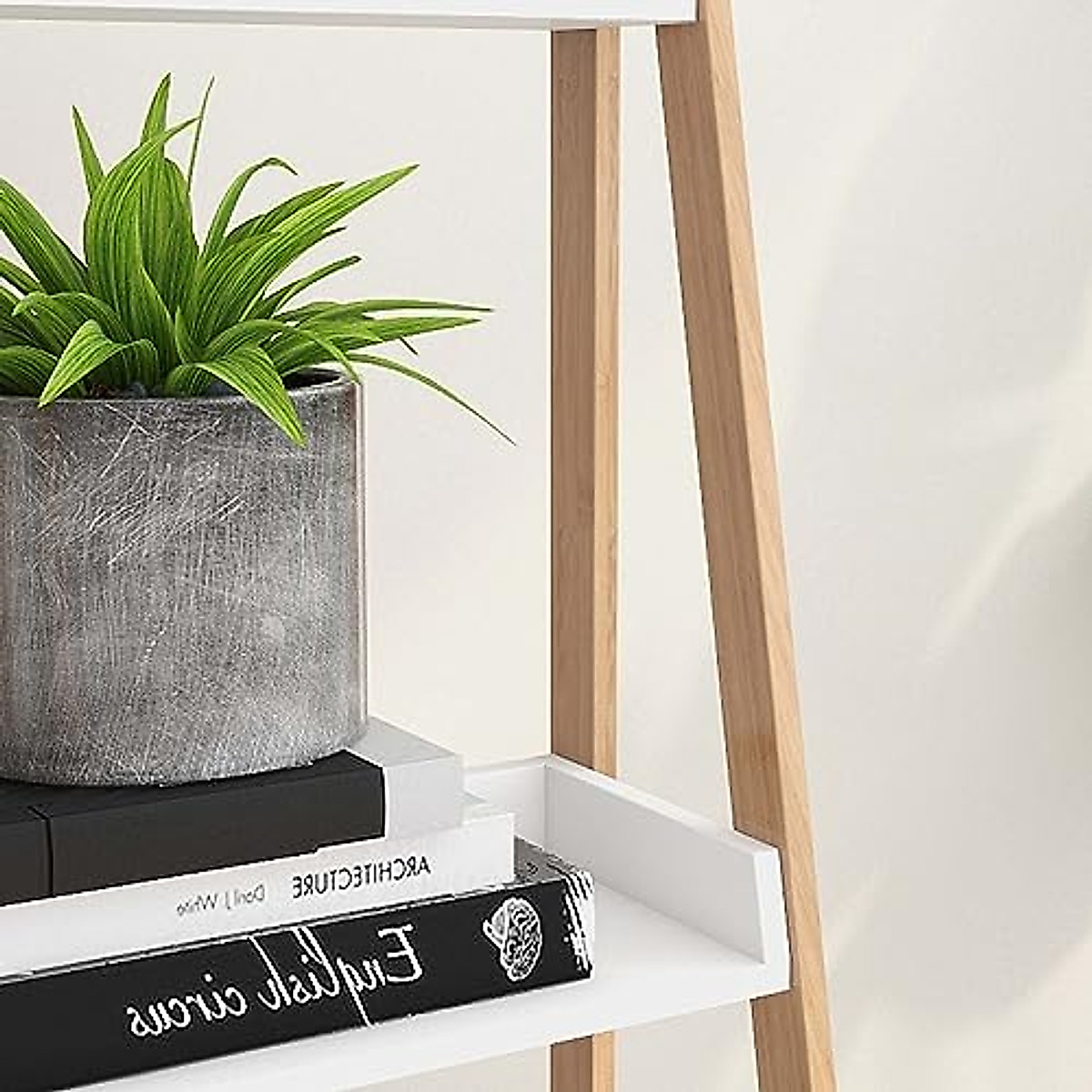 Heliosphere 4-Tier Ladder Bookcase with Solid Bamboo Frame, Versatile Wood Oxford “A” Frame Ladder Display Bookcase with 4 Open Shelves, Display Bookshelf for Home Office Living Room (White2)
