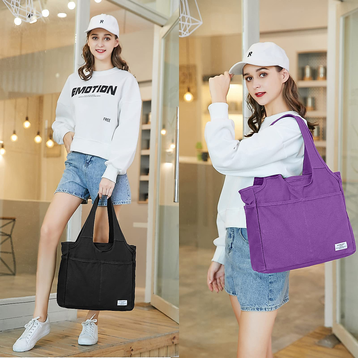 KYALOU Utility Large Tote Bag, Top Zipper Closure, Women Casual Shoulder Bags with 8 Pockets for Work School Travel Shopping Grocery Gym Pool Beach (Black)