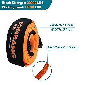 Tow Strap, 3in x 8ft Recovery Tow Straps, 30000LBS Break Strength (Lab Tested) Heavy Duty ATV Snowmobil Tow Strap by ZONBANG