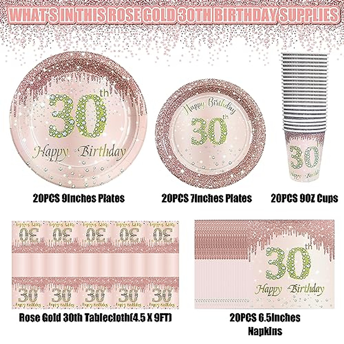 algpty 30th Birthday Decorations Plates Set Rose Gold | Service for 20 | 30th Birthday Party Supplies Rose Gold with Plates, Cups, Napkins, Tablecloth | 30th Birthday Supplies Tableware for Women