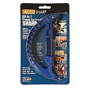 AccuSharp All-in-One Sharpener, All Purpose Sharpener for Knives, Scissors, Garden Tools, Sharpens & Restores Serrated Knives, Cleavers, Axes, Machete, Blue