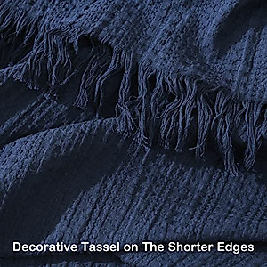 100% Cotton Throw Blanket, Waffle Woven Navy Blue Thin Decorative Blanket with Fringe, Rustic Pre-Washed Soft, Cozy, Light Weight Blanket for Couch, Travel, Farmhouse Boho Style Throw, 60'' x 80''