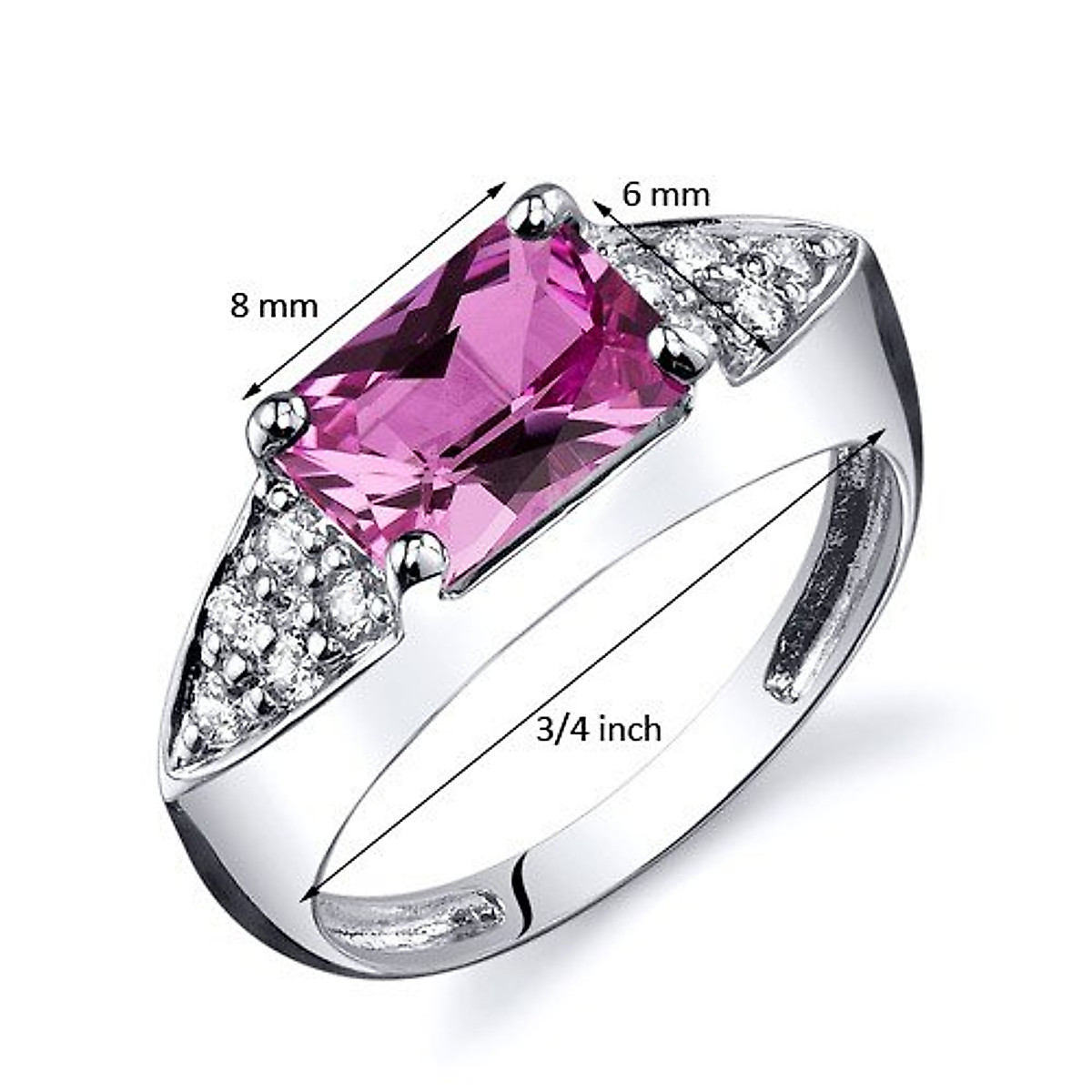 PEORA Created Pink Sapphire Statement Ring in Sterling Silver, Elegant Linear Design, Radiant Cut, 8x6mm, 2 Carats total, Comfort Fit, Size 9