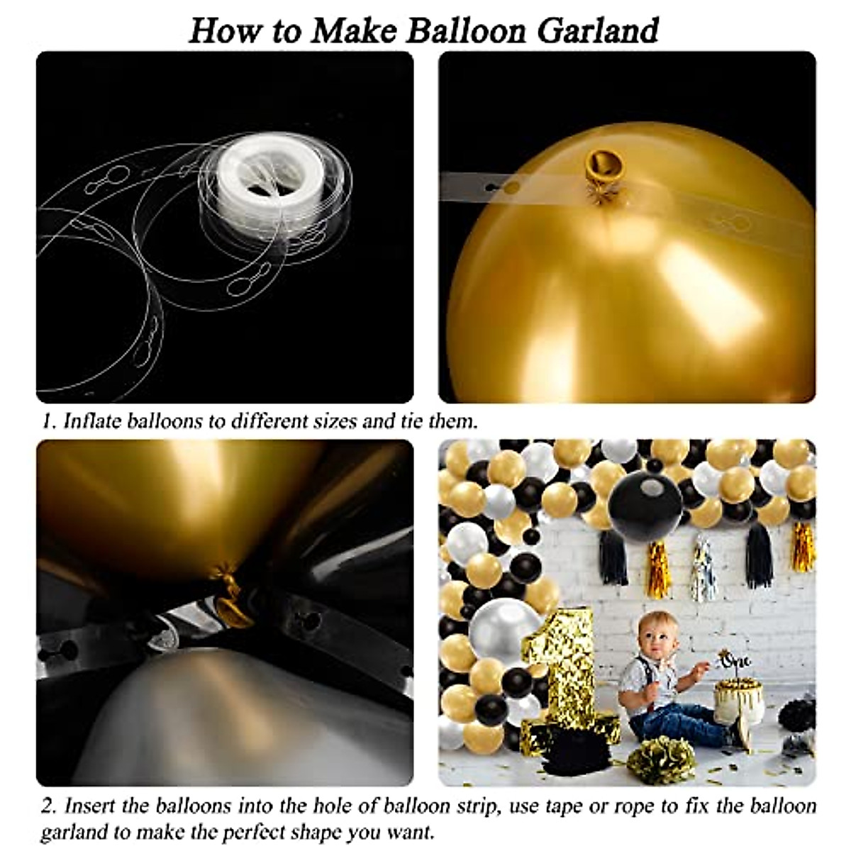 RUBFAC 137pcs Black Gold and Silver Balloon Garland Arch Kit, Metallic Gold Chrome Silver Balloons for Graduation, Birthday and New Year Party Party Decorations