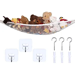 Storage Hammock Nets Toy Net Holder Stuffed Animal Hammocks Toy Mesh Hammock Jumbo Wall Sling Corner Mesh Toy Organizer with Hooks for Bedroom Plush Toys (White)