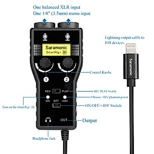 Lightning Microphone Preamp Compatible with iPhone 11 X 8 7 6 Vlog, Saramonic 2-Channel Lightning Mic XLR & 6.3mm Guitar Interface for iPad iPod, iOS Smartphone Tablet YouTube Video