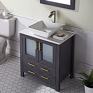 Wenore Home 30 Inch Bathroom Vanity with Sink, Dark Gray Bathroom Vanity and Basin Top,Bath Sink Cabinet Set with Ceramic Sink Tempered Glass Countertop, Storage Cabinet 2 Doors 2 Drawers