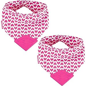 BooginHead Cotton Baby Bandana Teething Bib 2-Pack, Pink Hearts