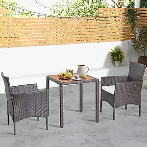 Tangkula 3 Pieces Patio Furniture Set, Outdoor Mix Brown Wicker Dining Set w/Acacia Wood Top Table, Comfortable Cushioned Chairs, Space-Saving Rattan Conversation Set for Garden, Backyard, Porch