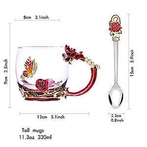 Kpcuisite Birthday Gifts for Women and Mother's Day Gifts for Mom - Glass Tea Cup and Coffee Mug Set with Spoon - Beautiful Flower Butterfly Rose Mug