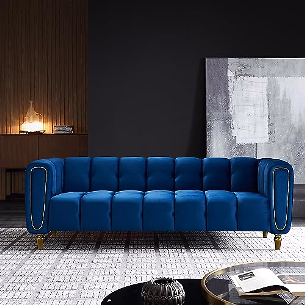 Melpomene 83.07" Mid-Century Modern Channel Tufted Sofa for Living Room, Upholstered Chesterfield Velvet Sofa Couch with Adjustable Metal Leg,Blue