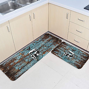 Kitchen Rugs and Mats Non Skid Washable Sets Farmhouse Anti Fatigue 2 Piece Set Non Skid Waterproof Standing Rugs Animal Decor Cow Pig Chicken Vintage Retro