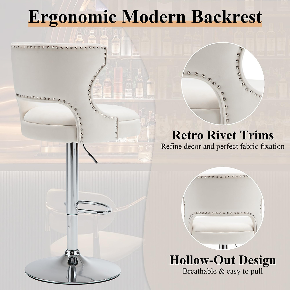 ABET Adjustable Bar Stools Set of 2, Velvet Swivel Counter Barstools with Hollow Back Footrest Soft Upholstered Bar Chairs for Kitchen Island Dining Room Home Bar Bistro, Beige, Chrome Base