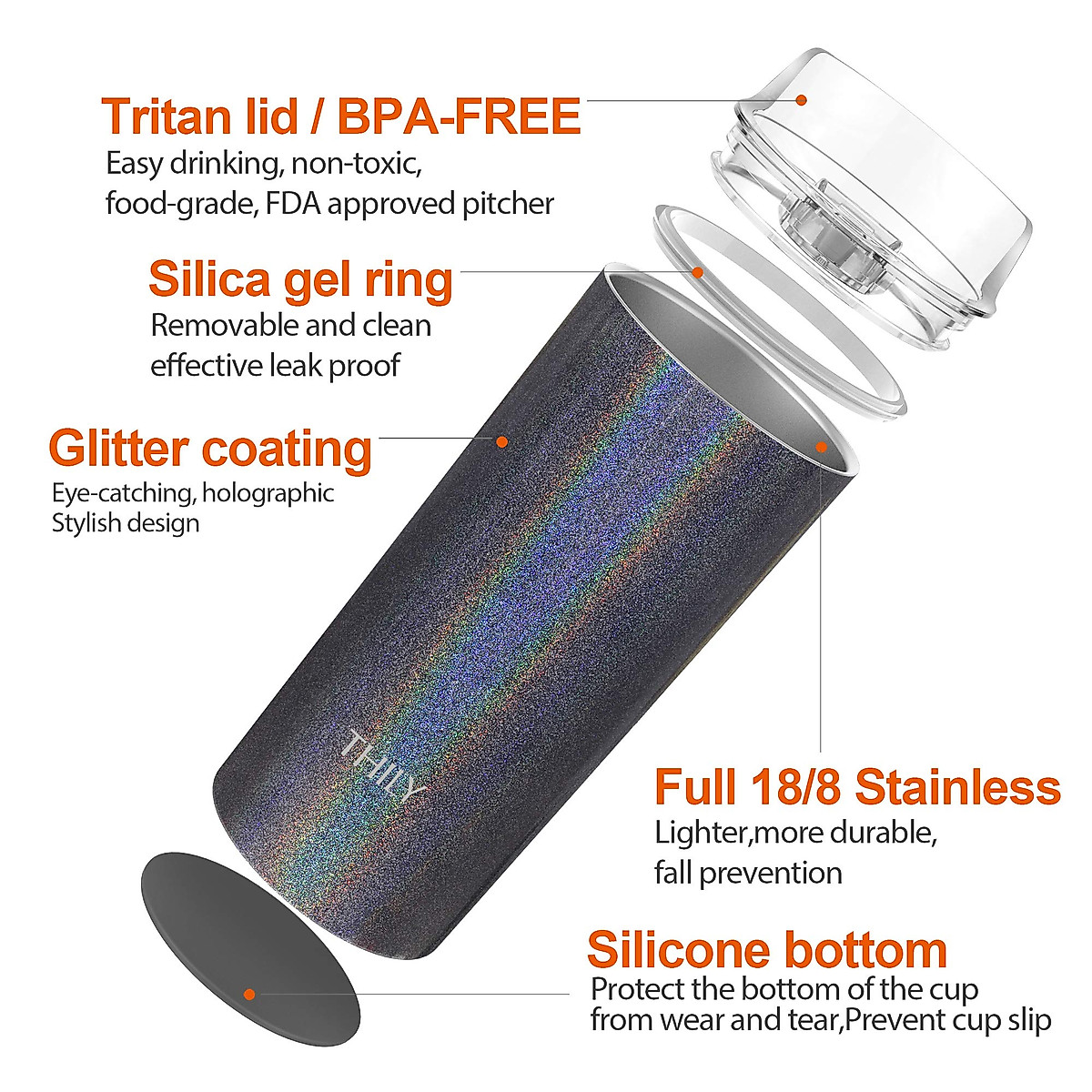 THILY Stainless Steel Insulated Skinny Tumbler 16 oz Vacuum Insulated Coffee Cup with Splash-proof Lid, Straw, Keeps Ice Drinks Cold, Glitter Gray