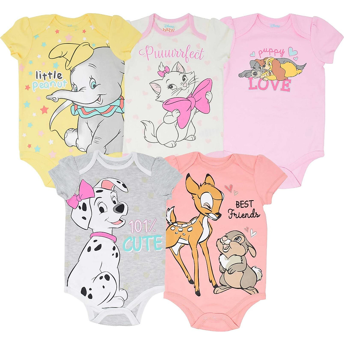 Disney Classics 101 Dalmatians Bambi Dumbo Aristocats Baby Girls 5 Pack Bodysuit 0-3 Months