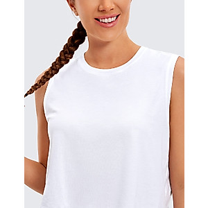 CRZ YOGA Pima Cotton Cropped Tank Tops for Women Workout Crop Top Sleeveless Athletic Shirts Loose Yoga Tops White Small