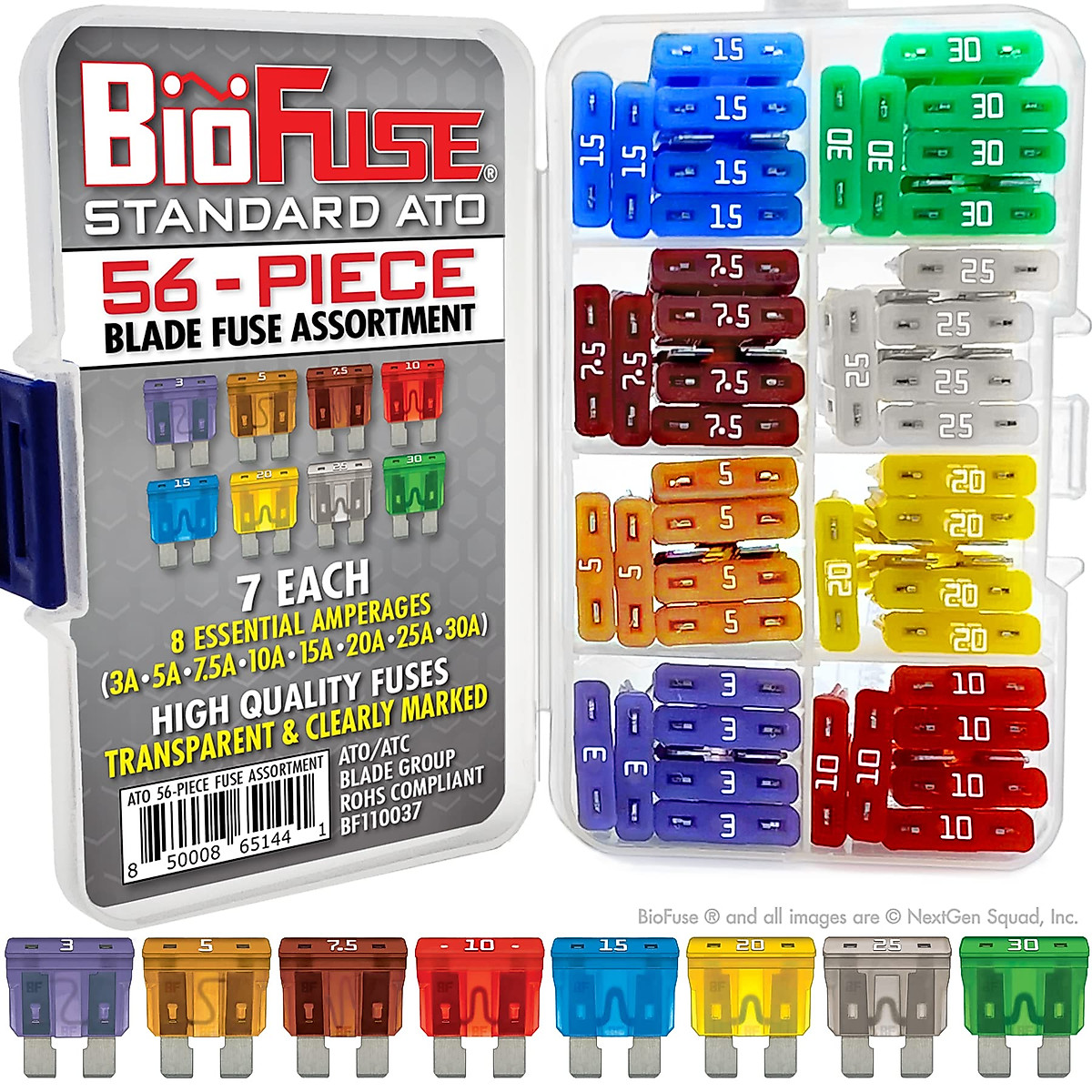 BioFuse Standard ATO 56 Piece Automotive Car Fuse Assortment Pack: Set of 56 ATO Regular Blade Fuses 3A 5A 7.5A 10A 15A 20A 25A 30A (Blade Group: ATO, ATC, ATS, APR)